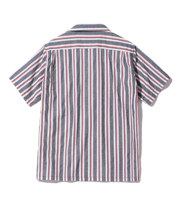 Sugarcane short sleeve Heart Stripe Open Collar Shirt -Navy Blue Strip - Elroy Clothing