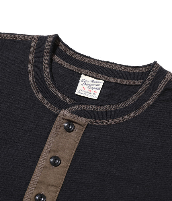 SUGARCANE BUZZ RICKSON'S SLUB YARN HENLEY NECK T-SHIRTT - BLACK - Elroy Clothing